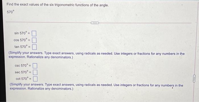 Solved Find the exact values of the six trigonometric | Chegg.com