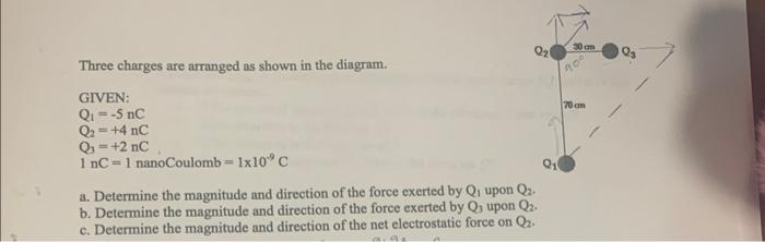 Solved Q1=−5nCQ2=+4nCQ3=+2nC1nC=1 nanoCoulomb =1×10−9C a. | Chegg.com