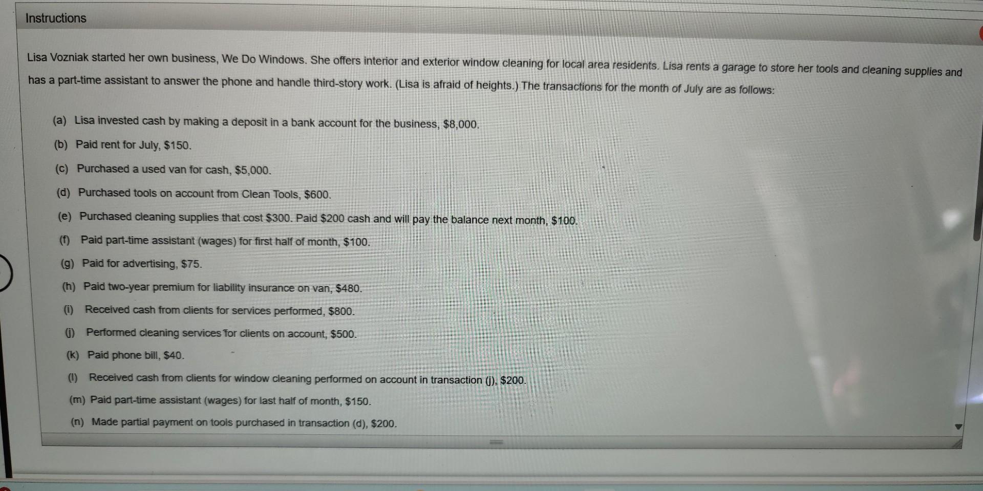 Solved Lisa Vozniak started her own business, We Do Windows. | Chegg.com