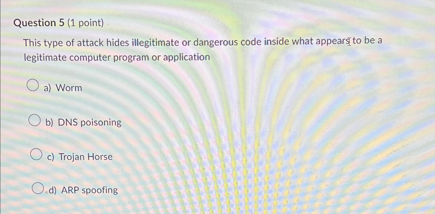 Solved Question 5 (1 ﻿point)This type of attack hides | Chegg.com