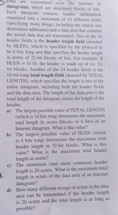 Solved Dala are transmitted over the Isternet in dataprams, | Chegg.com