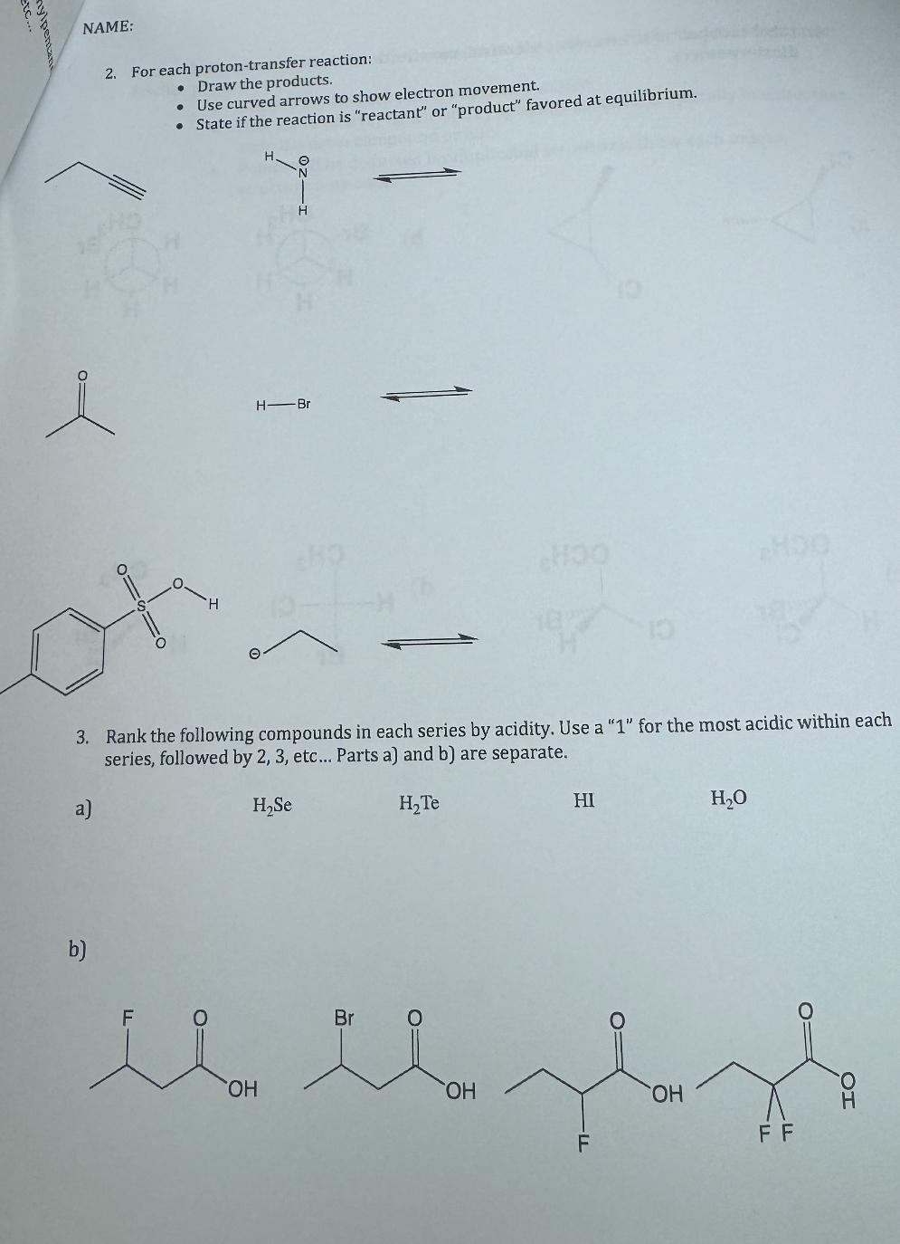 Solved NAME:2. ﻿For each proton-transfer reaction:Draw the | Chegg.com