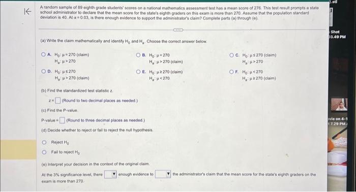 Solved A random sample of 89 eighth grade students' scores | Chegg.com
