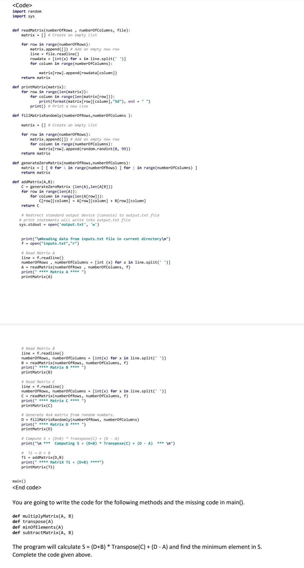 # Read Matrix B line = f.readline() B= | Chegg.com