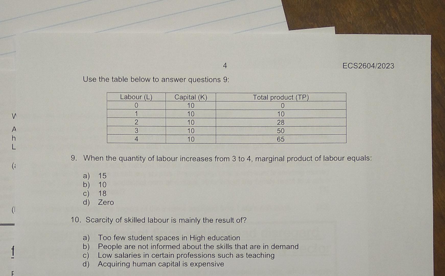 Solved Use the table below to answer questions 9: 9. When | Chegg.com