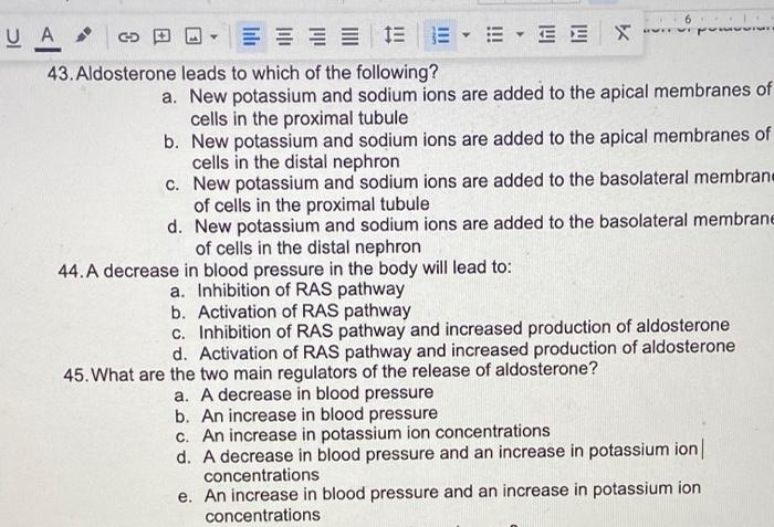 Solved UvE Y VA 15 E EEEEX 43. Aldosterone leads to which of | Chegg.com