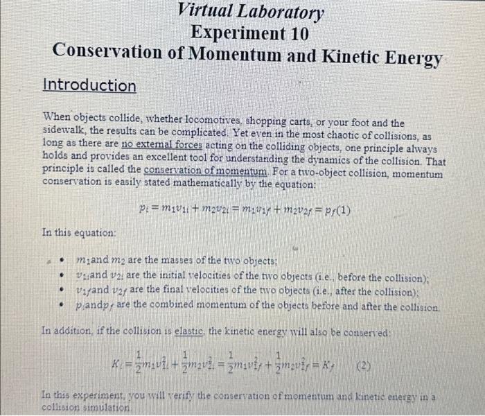 Solved Virtual Laboratory Experiment 10 Conservation of | Chegg.com