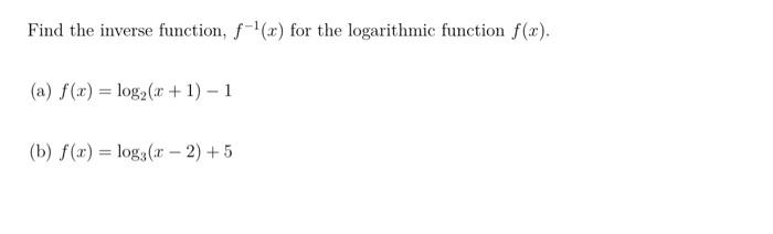 Solved Find the inverse function, f-'(x) for the logarithmic | Chegg.com