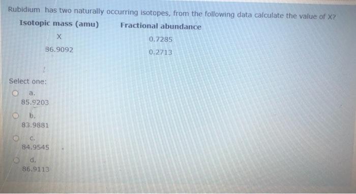 Solved Rubidium has two naturally occurring isotopes, from | Chegg.com