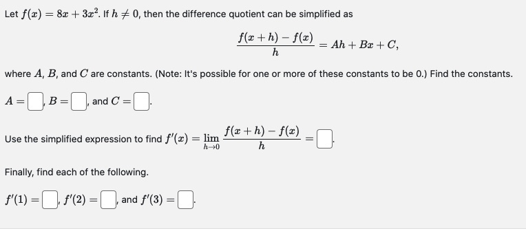 Solved Let f(x)=8x+3x2. ﻿If h≠0, ﻿then the difference | Chegg.com