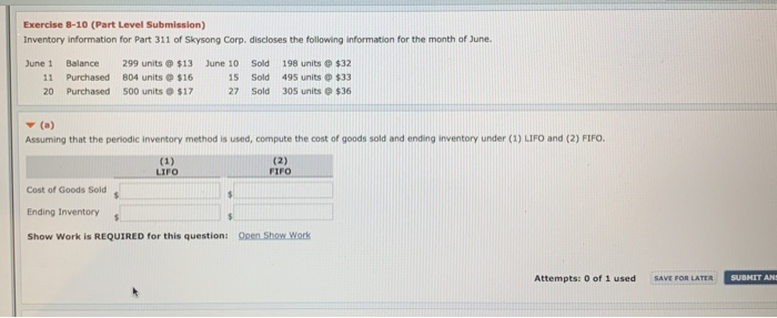 Solved Exercise 8-10 (Part Level Submission) Inventory | Chegg.com