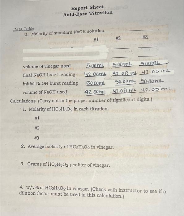 Solved Report Sheet Acid-Base Titration Data Table | Chegg.com