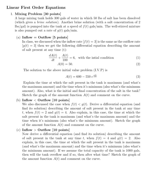 Solved = Linear First Order Equations 1. Mixing Problem (30 | Chegg.com