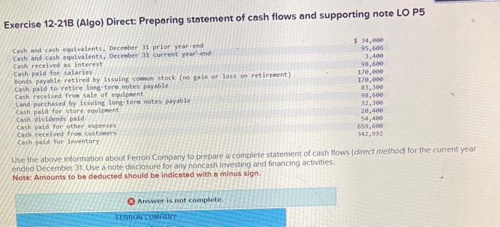 Solved Exercise 12-21B (Algo) Direct: Preparing statement of | Chegg.com