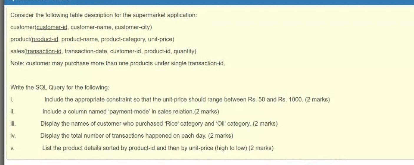Solved Consider the following table description for the | Chegg.com