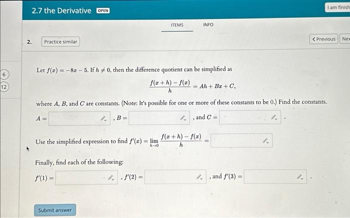 Solved Let f(x)=−8x−5. If h =0, then the difference quotient | Chegg.com