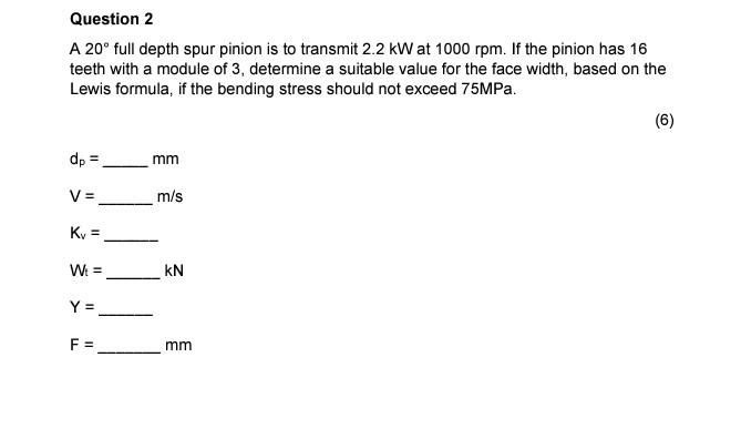 Solved A 20∘ full depth spur pinion is to transmit 2.2 kW at | Chegg.com