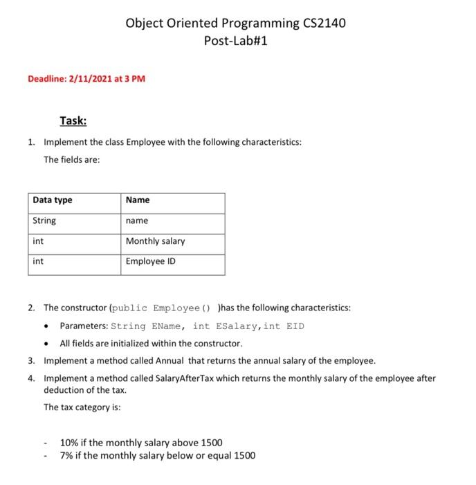 Solved Object Oriented Programming CS2140 Post-Lab#1 | Chegg.com