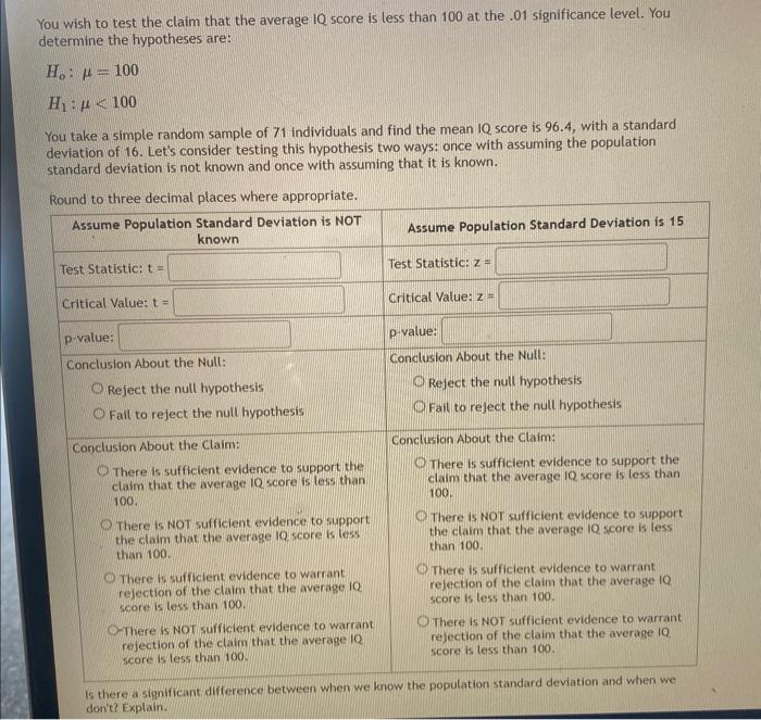 Solved You wish to test the claim that the average 1Q score | Chegg.com
