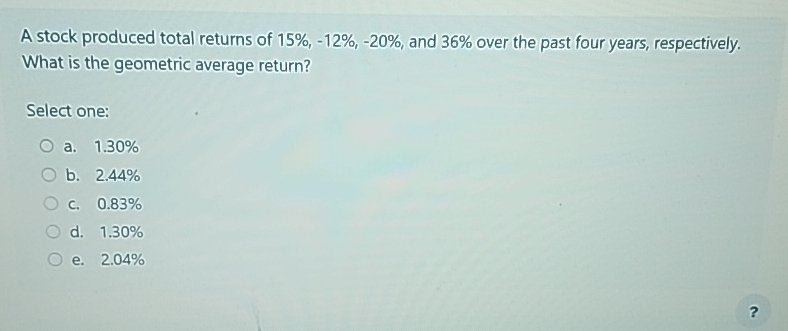 Solved A stock produced total returns of 15%,-12%,-20%, ﻿and | Chegg.com