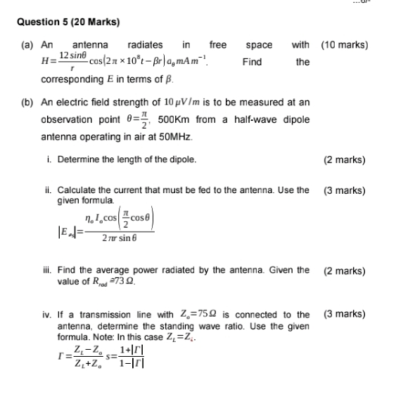 Solved Question 5 (20 Marks)(a) An antenna radiates in | Chegg.com Solved Question 5 (20 Marks)(a) An antenna radiates in | Chegg.com