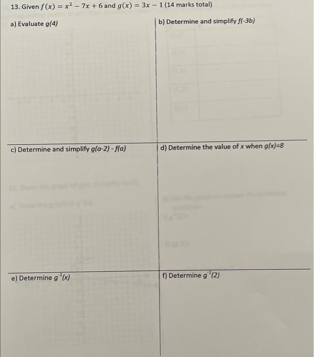 Solved 13. Given f(x) = x2 - 7x + 6 and g(x) = 3x - 1 (14 | Chegg.com