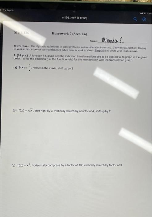 Solved 1. (18 pts.) A function f is given and the indicated | Chegg.com