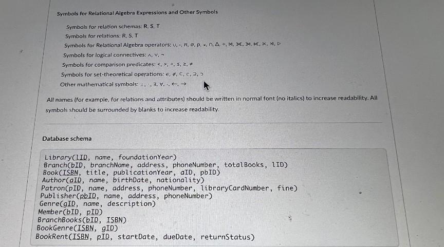 Solved Symbols for Relational Algebra Expressions and Other | Chegg.com