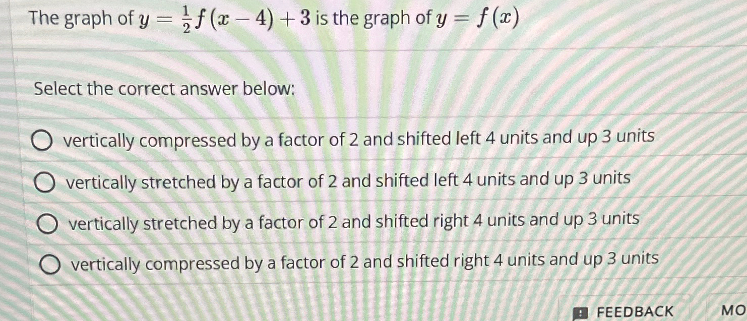 Solved The graph of y=12f(x-4)+3 ﻿is the graph of | Chegg.com