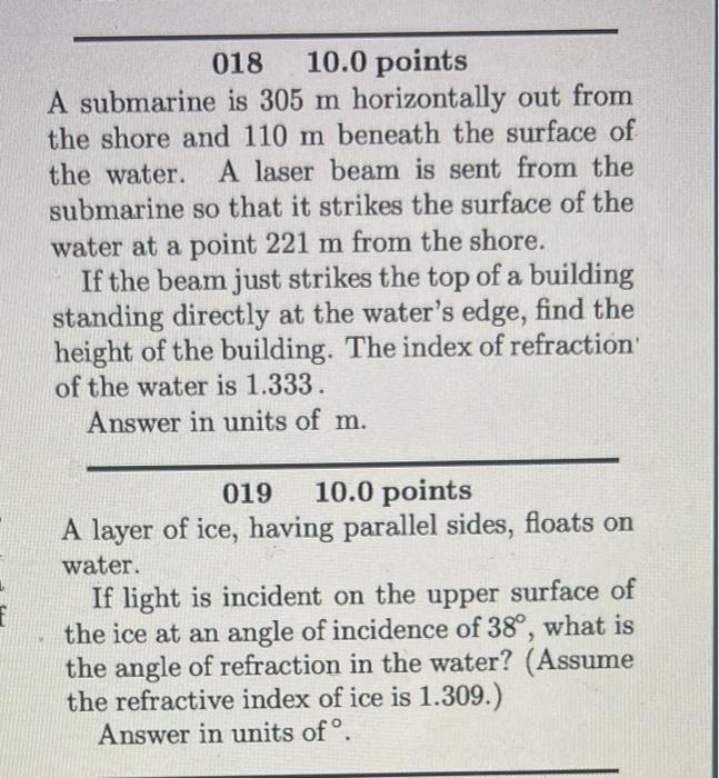 Solved 01810.0 points A submarine is 305 m horizontally out | Chegg.com Solved 01810.0 points A submarine is 305 m horizontally out | Chegg.com
