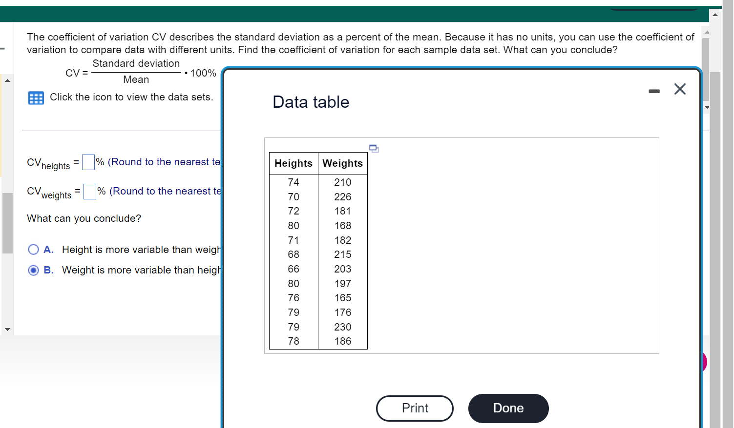 Solved The coefficient of variation CV describes the | Chegg.com