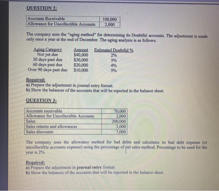 Solved QUESTION 2: Accounts Receivable Allowance for | Chegg.com