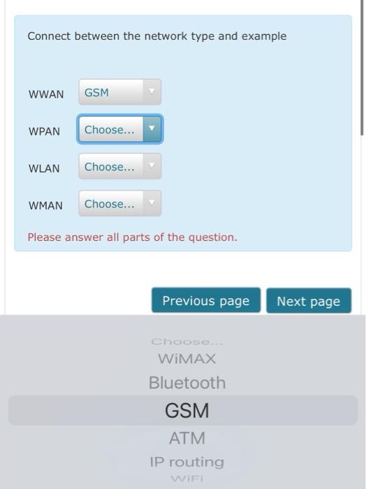 Solved Connect between the network type and example WWAN GSM | Chegg.com