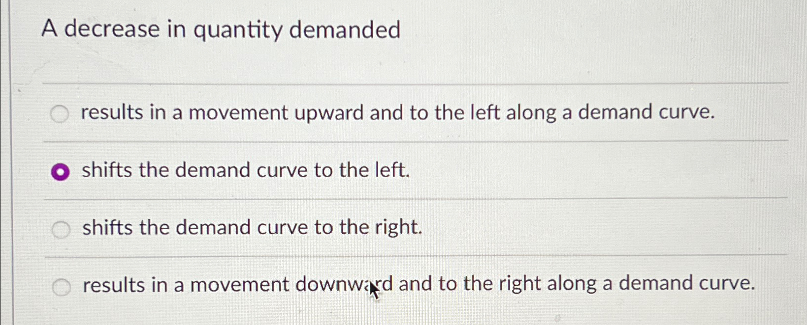 Solved A decrease in quantity demandedresults in a movement | Chegg.com