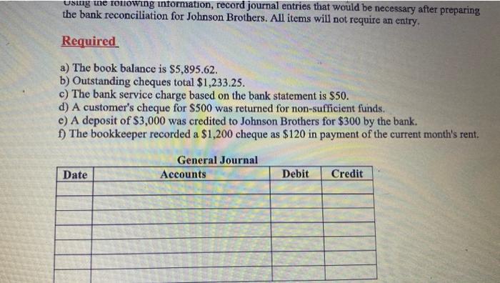 Solved the bank reconcill information, record journal | Chegg.com