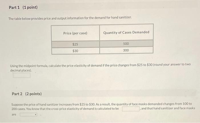 Solved Part 1 (1 point) The table below provides price and | Chegg.com