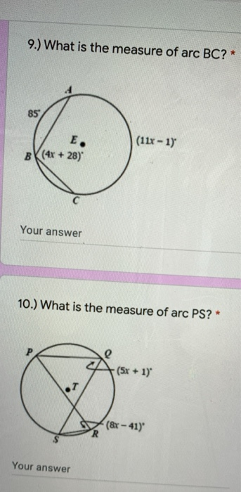 Solved 9.) What is the measure of arc BC?* (11x - 1) B (4x + | Chegg.com