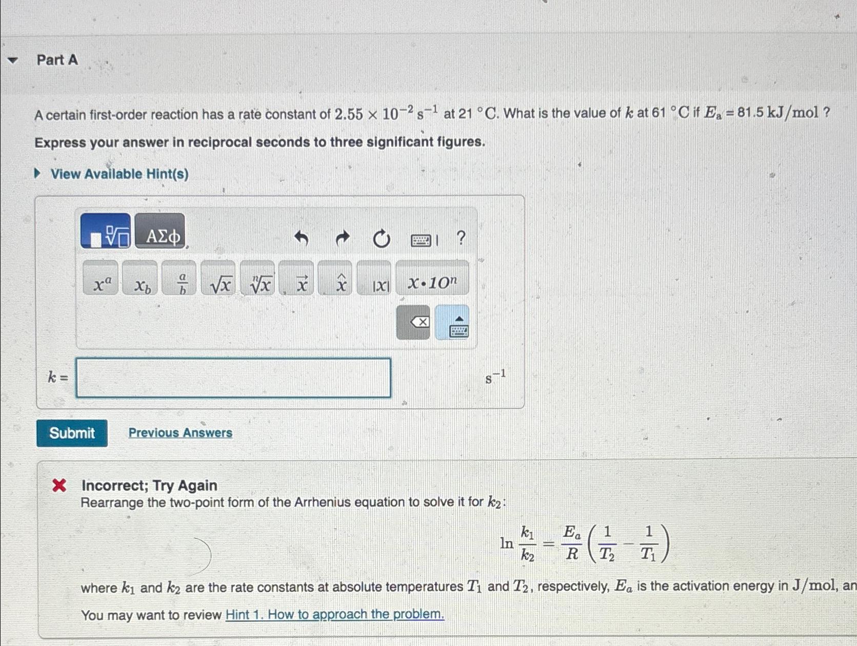 Solved Part Aa Certain First Order Reaction Has A Rate