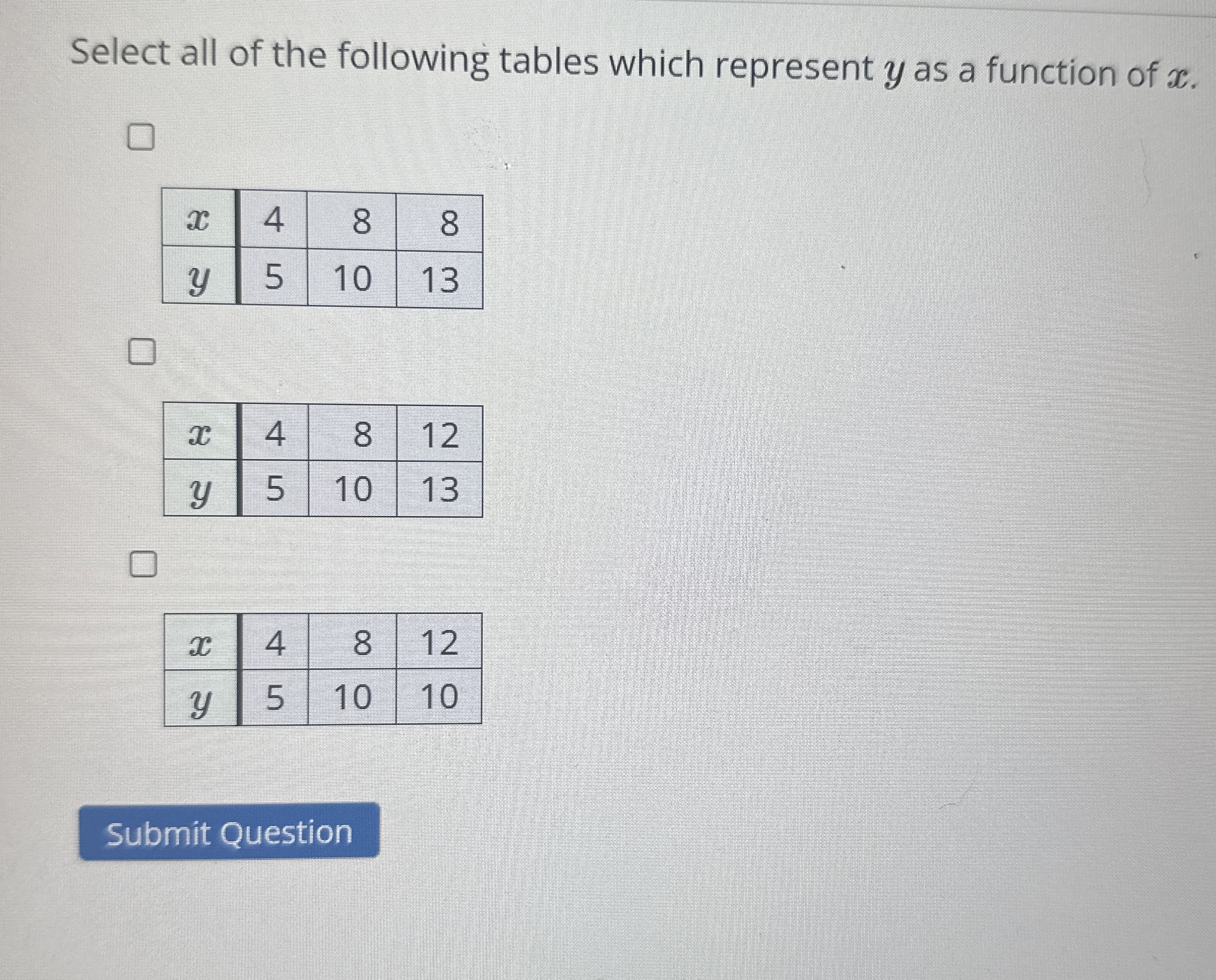 Solved Select all of the following tables which represent y | Chegg.com