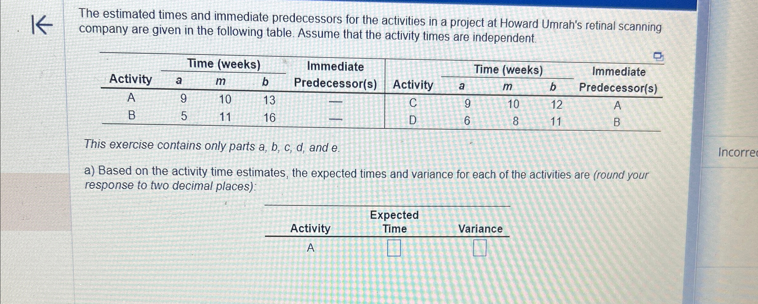 Solved The estimated times and immediate predecessors for | Chegg.com