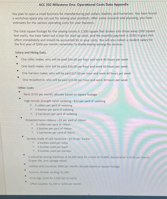 Solved ACC 202 Milestone One: Operational Costs Data | Chegg.com