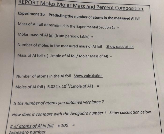 Solved REPORT Moles Molar Mass and Percent Composition | Chegg.com