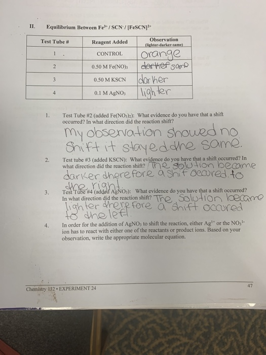 Solved II. Equilibrium Between Fes/SCN/[FeSCN] Test Tube # | Chegg.com
