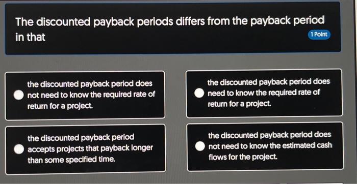 Solved The discounted payback periods differs from the | Chegg.com