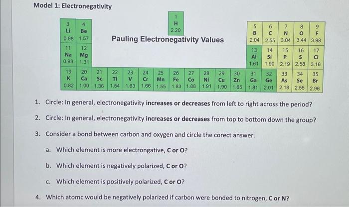 Solved Model 1: Electronegativity 1. Circle: In general, | Chegg.com