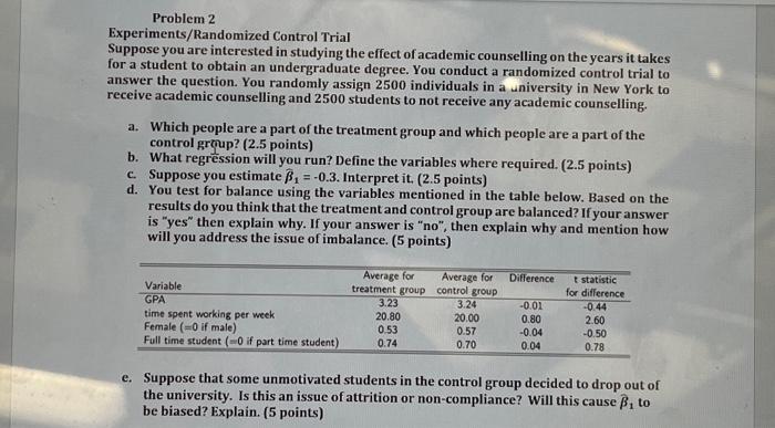Solved Problem 2 Experiments/Randomized Control Trial | Chegg.com