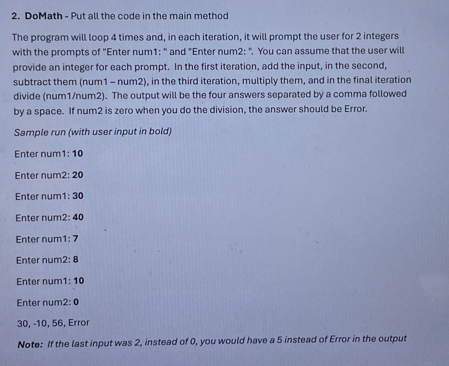 Solved DoMath - ﻿Put all the code in the main methodThe | Chegg.com