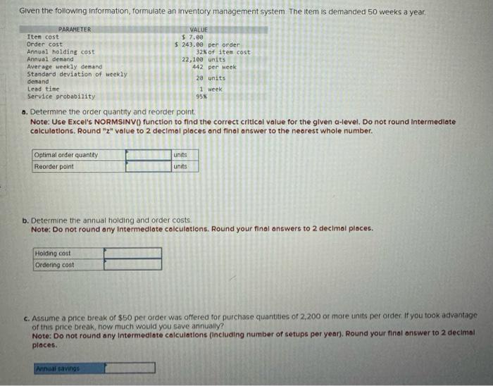 Solved a. Determine the order quantity and reorder point. | Chegg.com