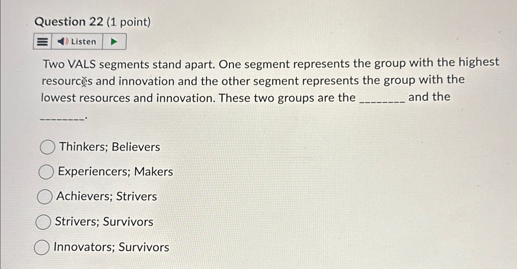 Solved Question 22 (1 ﻿point)Two VALS segments stand apart. | Chegg.com