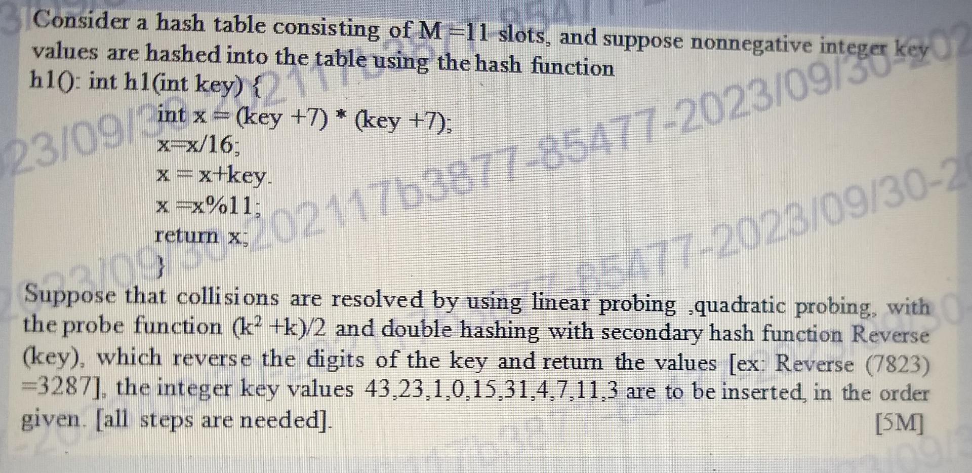 Solved Consider a hash table consisting of M=11 slots, and | Chegg.com